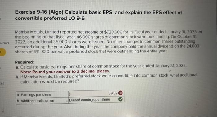 Solved Exercise 9-16 (Algo) Calculate basic EPS, and explain | Chegg.com