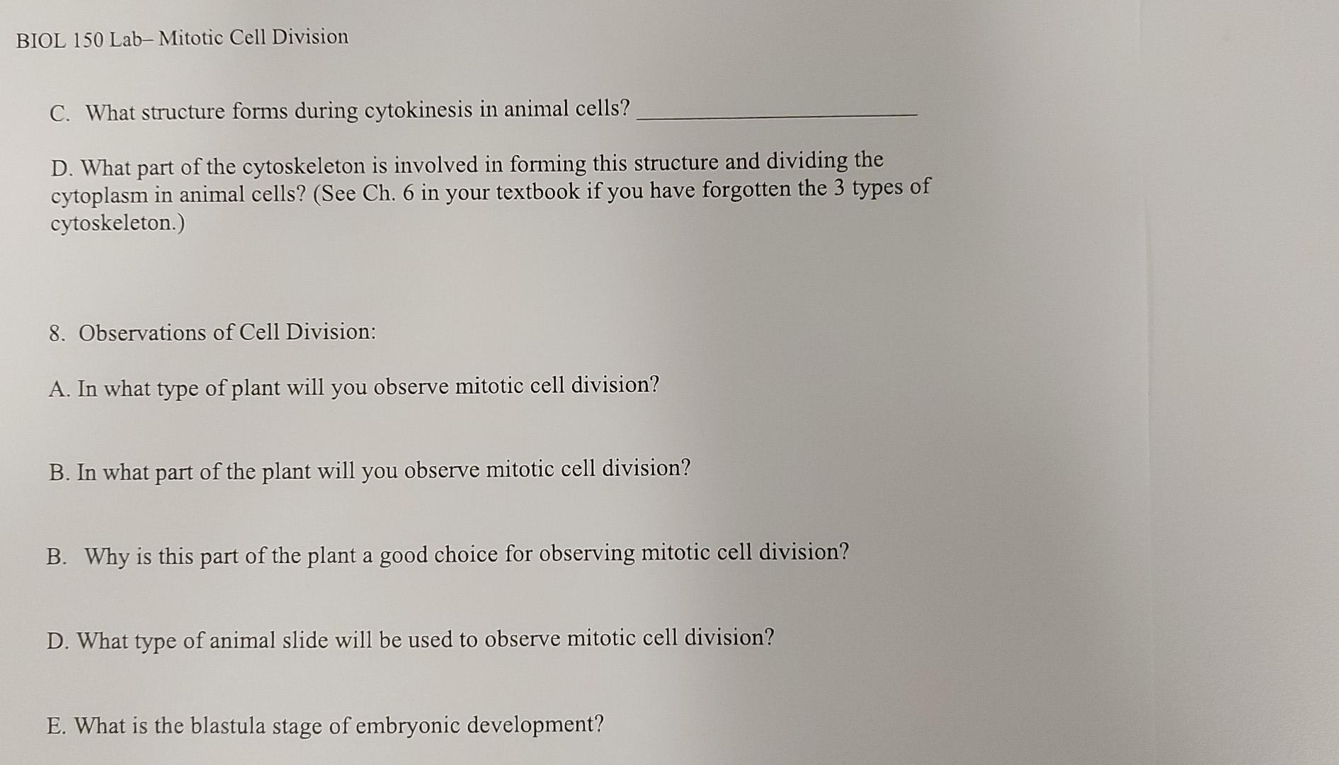 Solved BIOL 150 Lab- Mitotic Cell Division Pre-lab Homework | Chegg.com