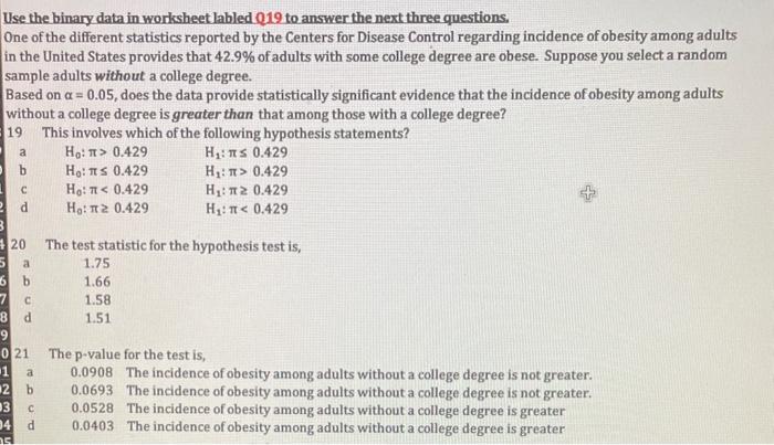 Solved Use the binary data in worksheet labled 019 to answer | Chegg.com