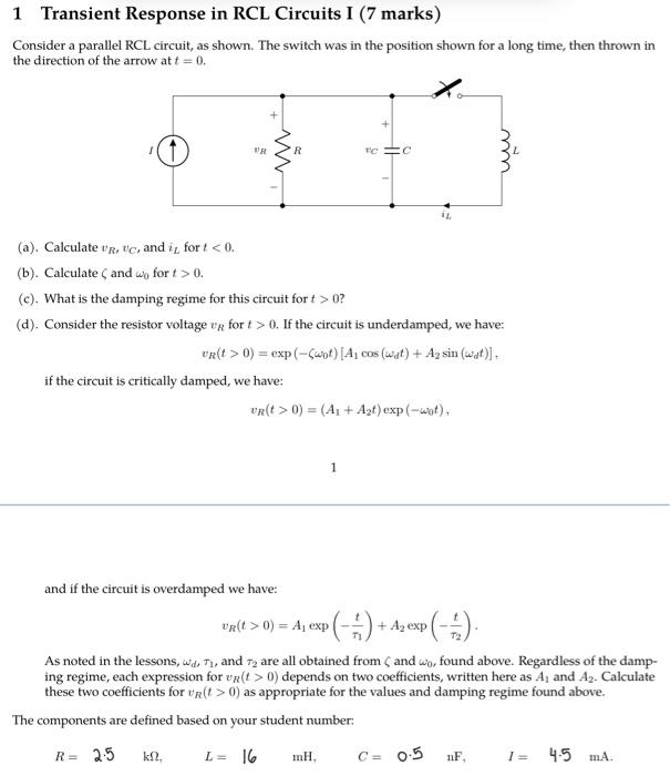 Solved Consider a parallel RCL circuit, as shown. The switch | Chegg.com