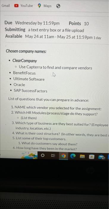 Solved Gmail YouTube Maps Due Wednesday by 11:59pm Points 10 | Chegg.com