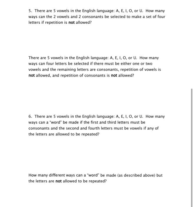 Solved 5. There are 5 vowels in the English language: A, E, | Chegg.com
