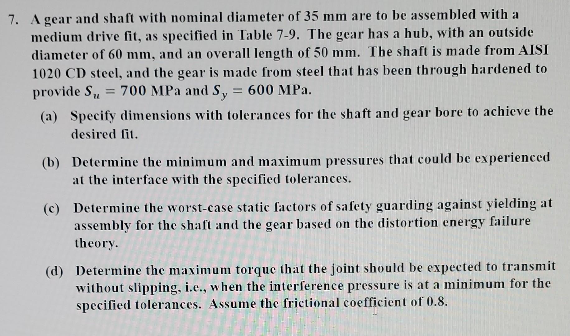 Solved 7. A gear and shaft with nominal diameter of 35 mm | Chegg.com