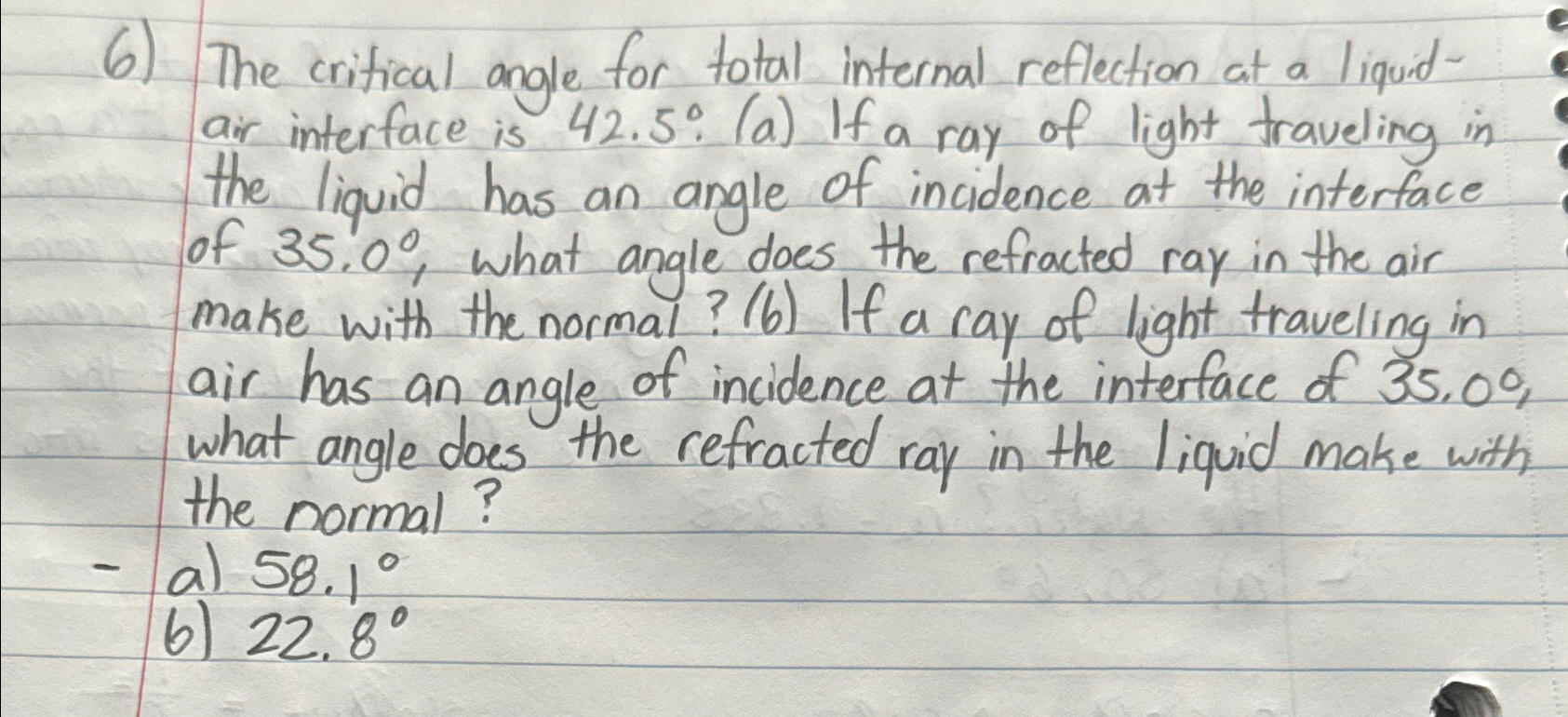 Solved The critical angle for total internal reflection at a | Chegg.com