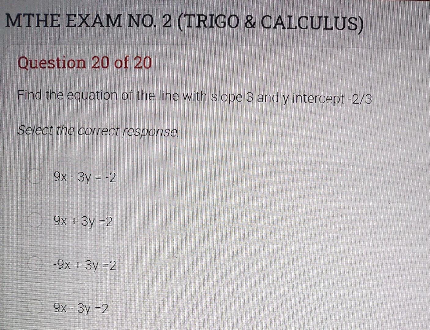 Solved MTHE EXAM NO. 2 (TRIGO \& CALCULUS) Question 20 of 20 | Chegg.com