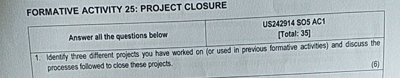 Solved FORMATIVE ACTIVITY 25: PROJECT CLOSURE\table[[Answer | Chegg.com