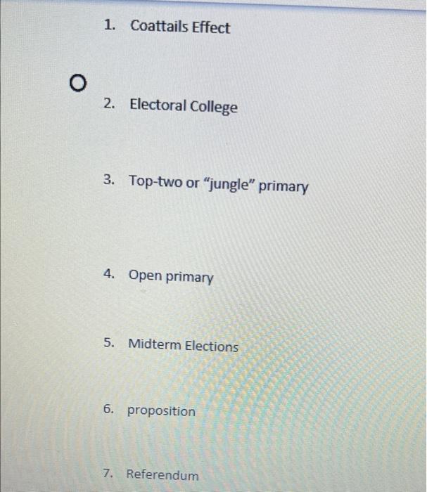 Solved 1. Coattails Effect O 2. Electoral College 3. Top-two | Chegg.com