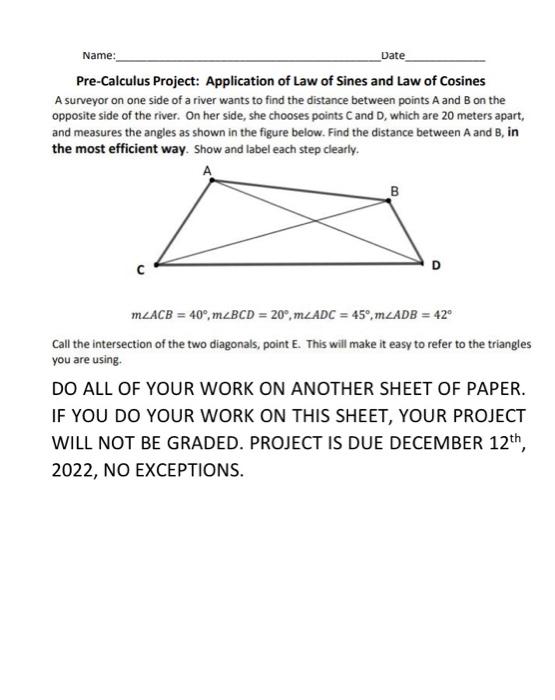 Solved Pre-Calculus Project: Application of Law of Sines and | Chegg.com