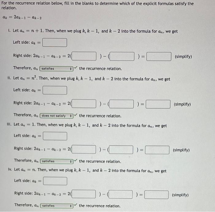 Solved For the recurrence relation below, fill in the blanks | Chegg.com