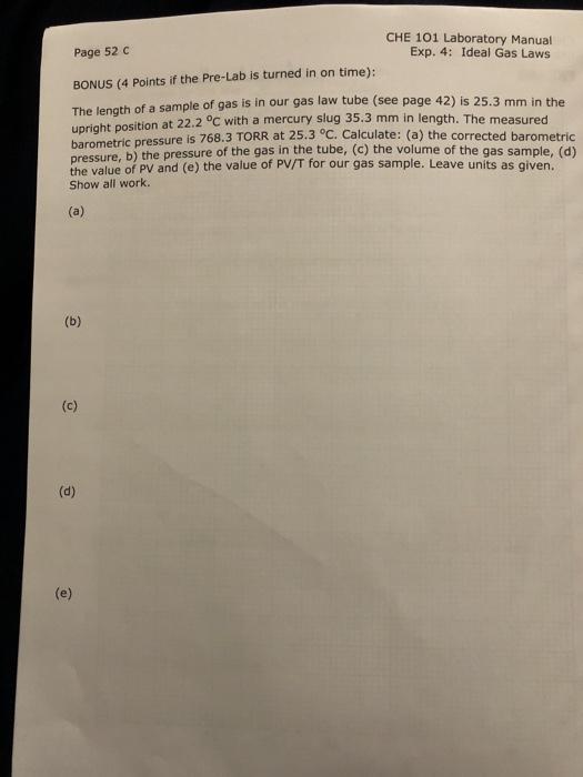 Solved Page 52 C CHE 101 Laboratory Manual Exp. 4: Ideal Gas | Chegg.com
