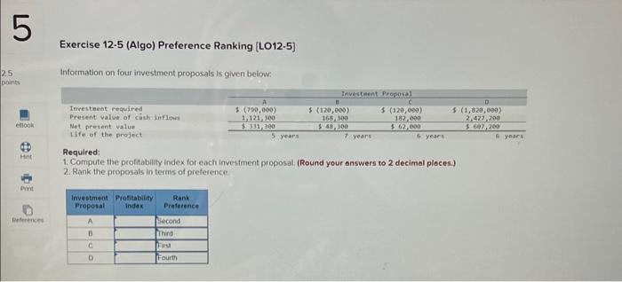 Exercise 12-5 (Algo) Preference Ranking [LO12-5] | Chegg.com