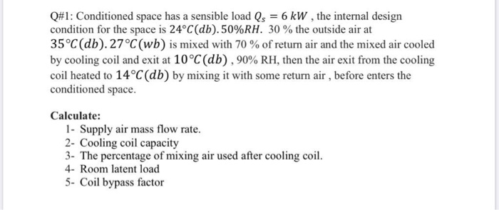 Solved Q#1: Conditioned space has a sensible load Qs = 6 kW, | Chegg.com