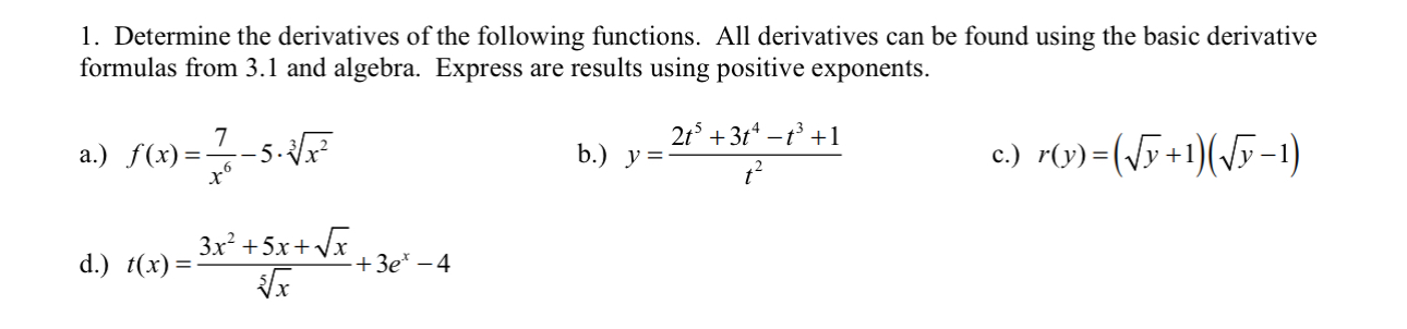 Solved Determine the derivatives of the following functions. | Chegg.com