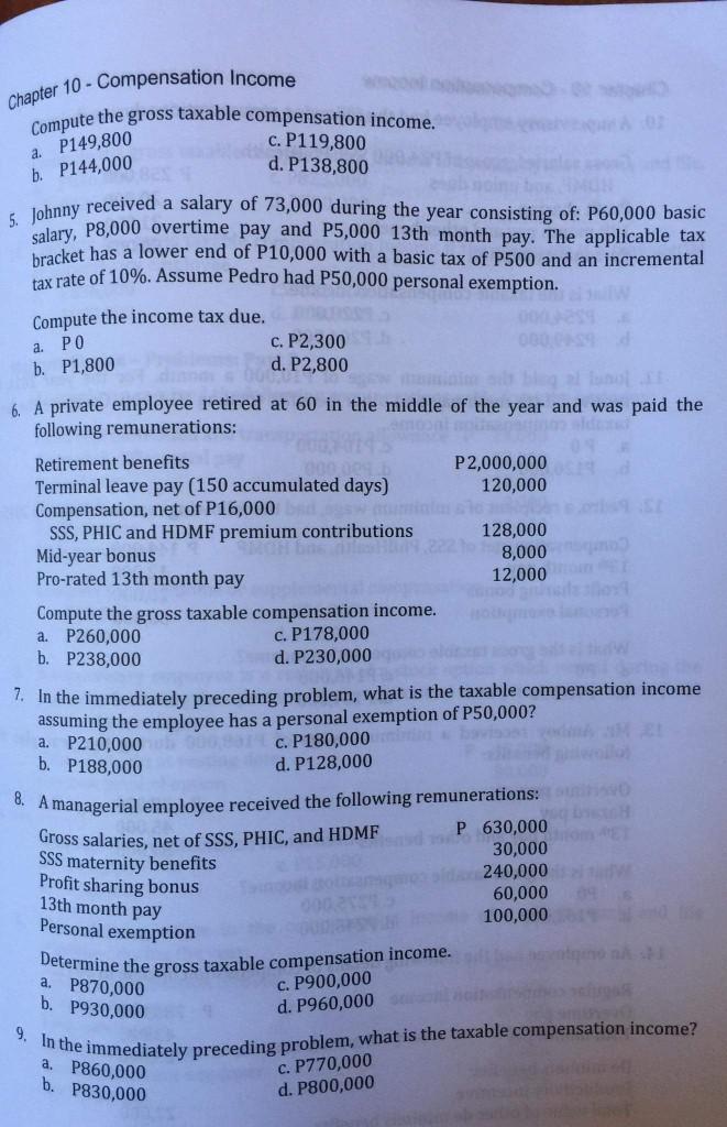 Determine the gross taxable compensation income. | Chegg.com