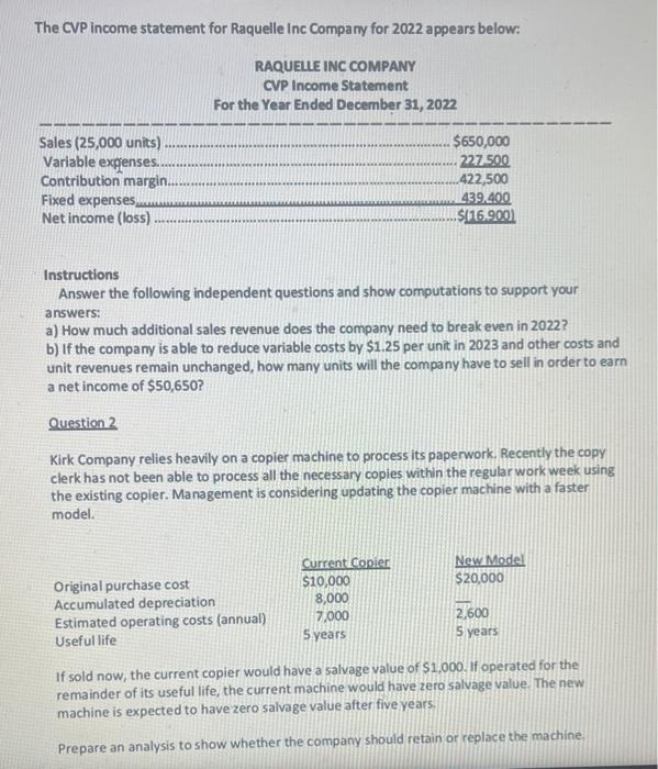 Solved The CVP income statement for Raquelle Inc Company for | Chegg.com