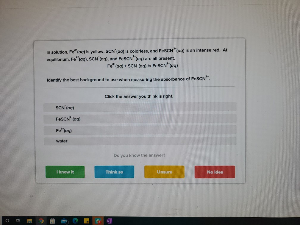Solved In solution, Fe(aq) is yellow, SCN" (aq) is | Chegg.com