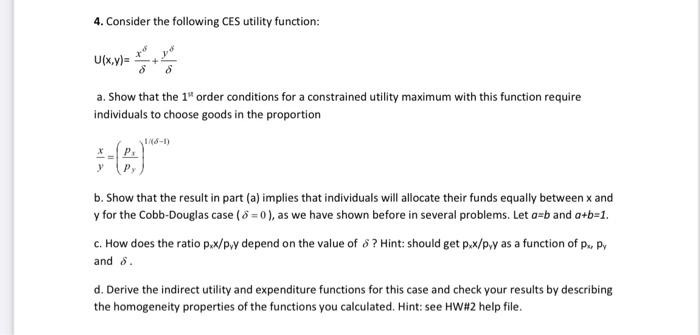 Solved 4. Consider the following CES utility function: | Chegg.com