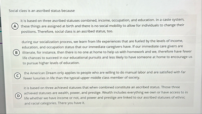 Solved Social class is an ascribed status becauseit is based | Chegg.com