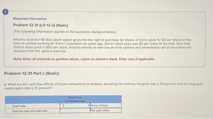 Solved Required information Problem 12-31 (LO 12-2) (Static) | Chegg.com