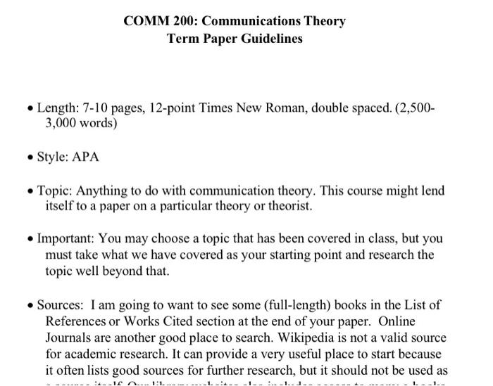 COMM 200: Communications Theory Term Paper Guidelines | Chegg.com