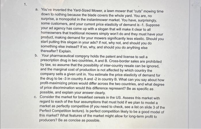 Solved a. You've invented the Yard-Sized Mower, a lawn mower | Chegg.com