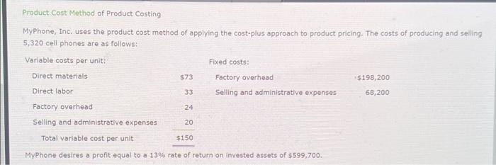 Solved Product Cost Method of Product Costing MyPhone, Inc. | Chegg.com