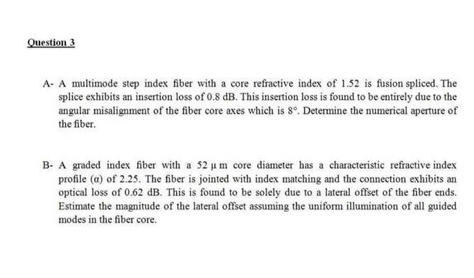 Solved Question 3 A- A multimode step index fiber with a | Chegg.com
