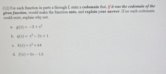 Solved (12) For each function in parts a through f, state a | Chegg.com