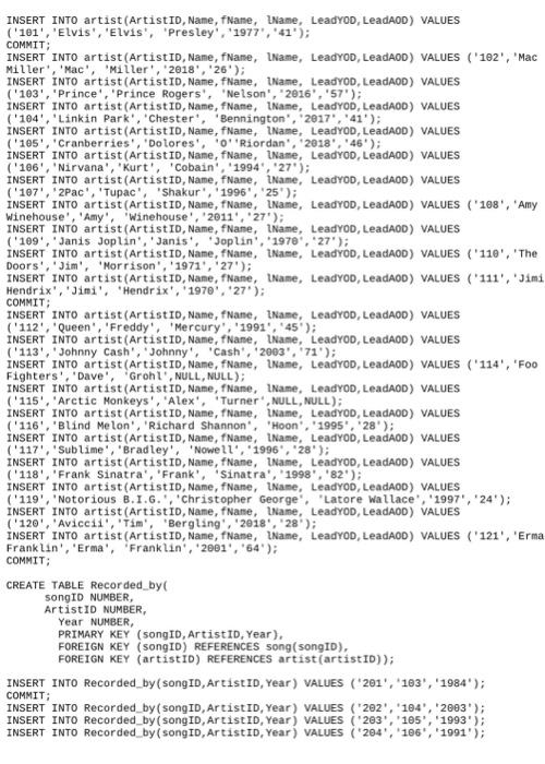Solved SET DEFINE OFF; SET SCAN OFF; DROP TABLE song cascade | Chegg.com Solved SET DEFINE OFF; SET SCAN OFF; DROP TABLE song cascade | Chegg.com