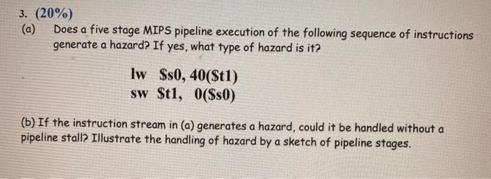 Solved 3. (20%) Does a five stage MIPS pipeline execution of | Chegg.com