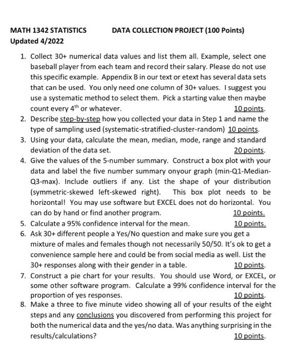 Solved MATH 1342 STATISTICS DATA COLLECTION PROJECT (100 | Chegg.com