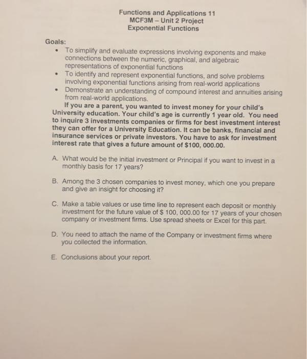 Solved Functions and Applications 11 MCF3M - Unit 2 Project | Chegg.com