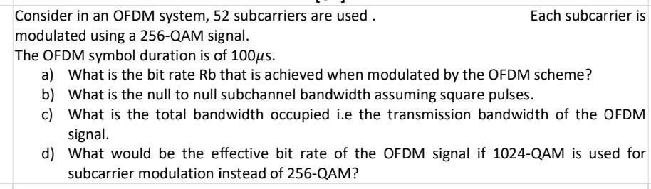 Solved Consider in an OFDM system, 52 subcarriers are used . | Chegg.com