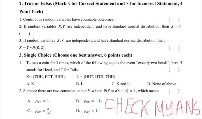Solved 2. True or False. (Mark for Correct Statement and × | Chegg.com