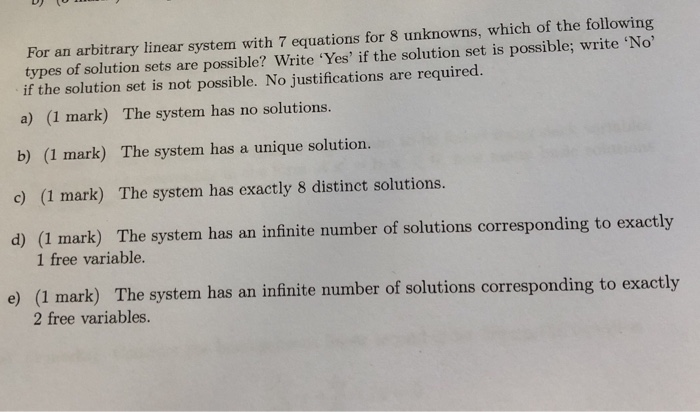 Solved For an arbitrary linear system with 7 equations for 8 | Chegg.com