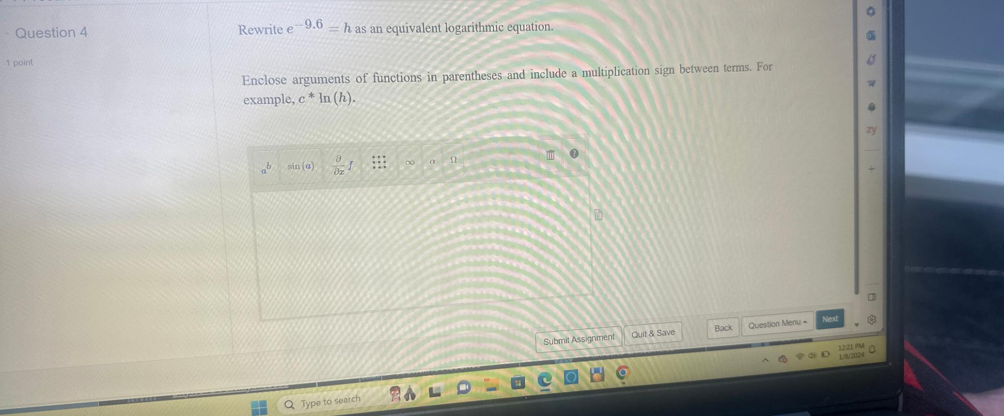 Solved Question 4Rewrite e-9.6=h ﻿as an equivalent | Chegg.com