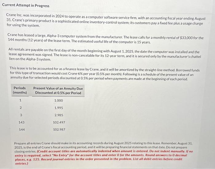Solved Current Attempt in Progress Crane Inc. was | Chegg.com