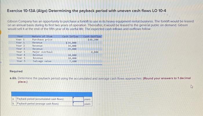 Solved Exercise 10-13A (Algo) Determining the payback period | Chegg.com