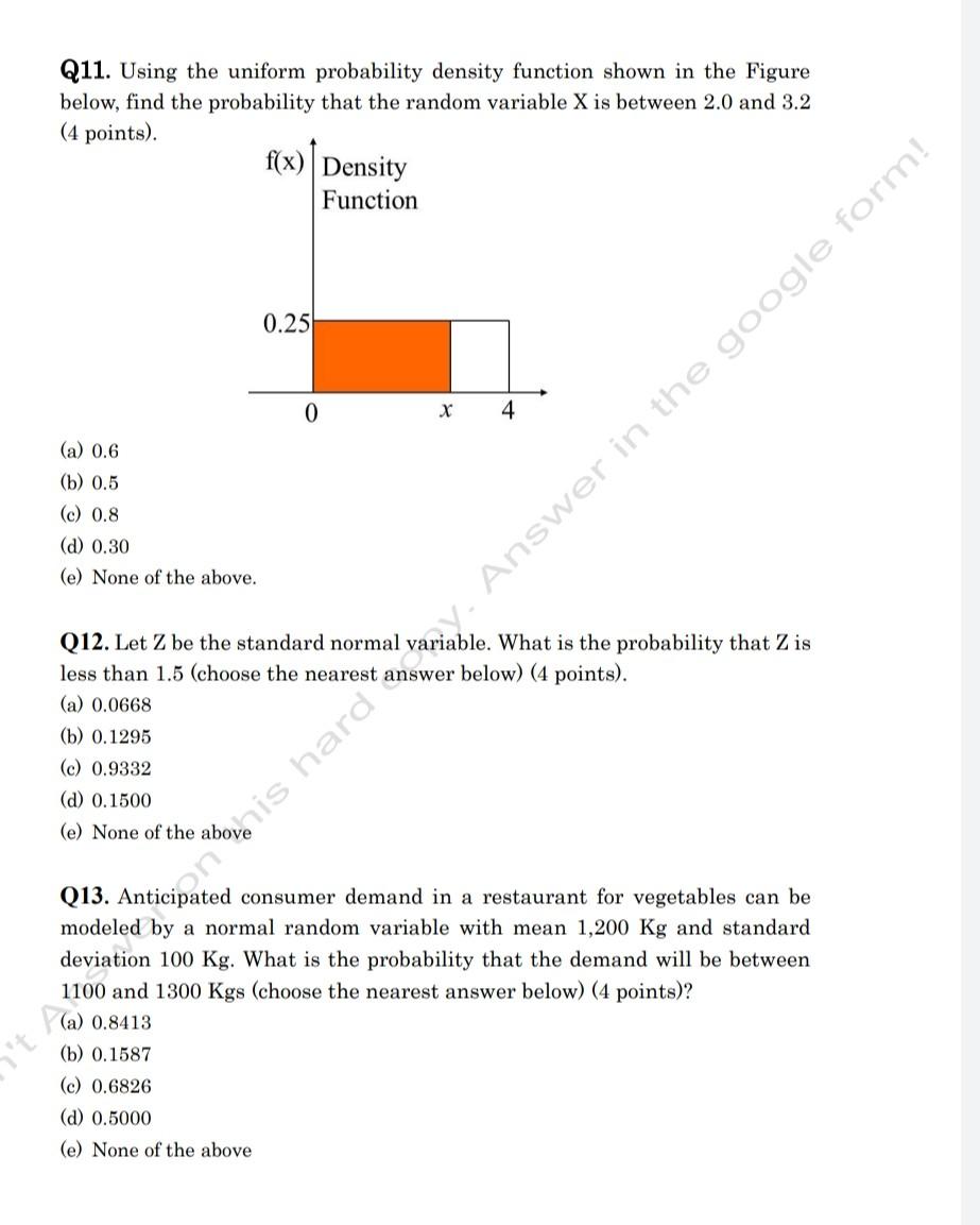 Solved Q11. Using the uniform probability density function | Chegg.com
