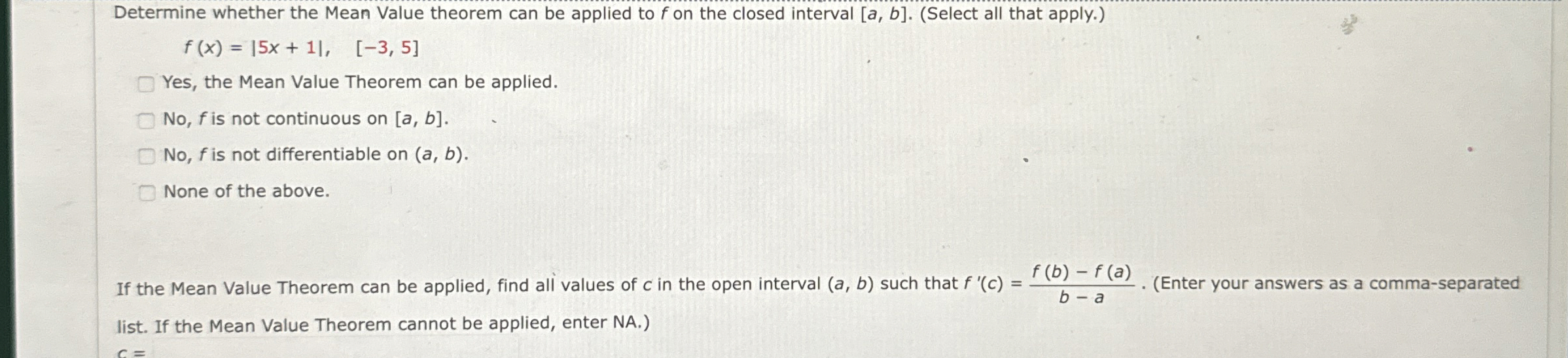 Solved Determine whether the Mean Value theorem can be | Chegg.com