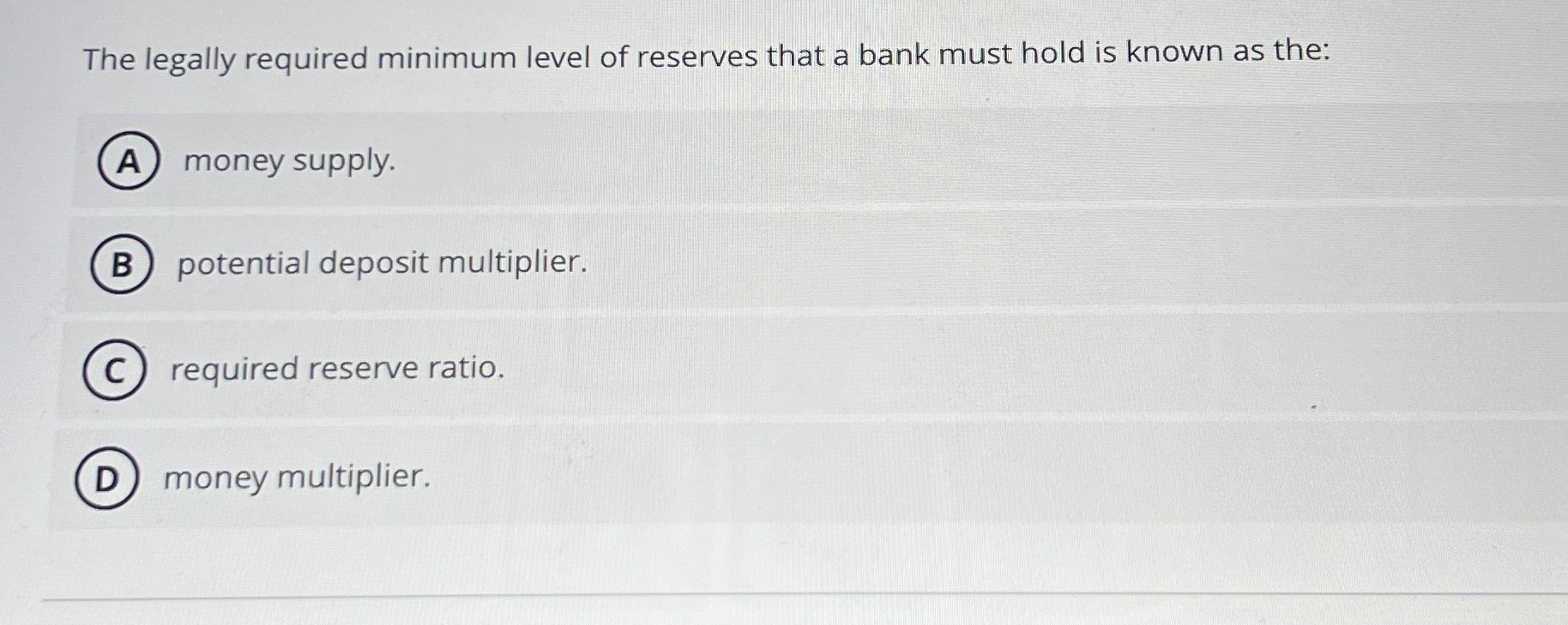 Solved The legally required minimum level of reserves that a | Chegg.com