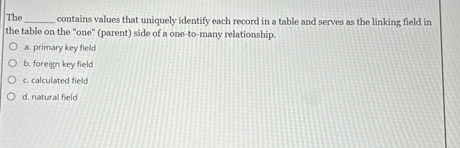 Solved The contains values that uniquely identify each | Chegg.com