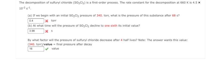 Solved The decomposition of sulfuryl chloride (S02Cl2) is a | Chegg.com
