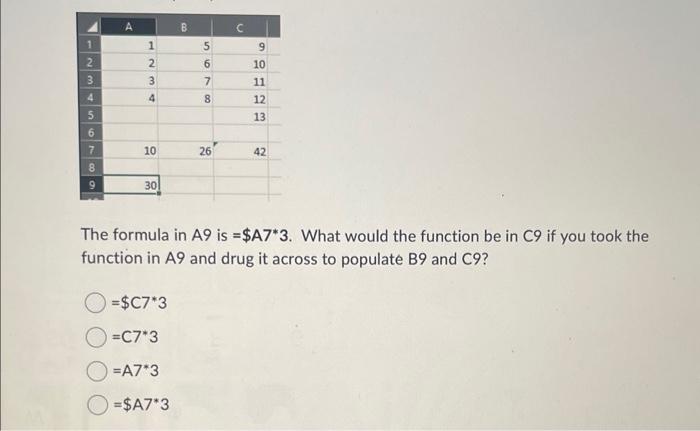 Solved The formula in A9 is =$A7∗3. What would the function | Chegg.com