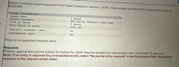 Solved Python Company leased equipment from Hope Leasing on | Chegg.com