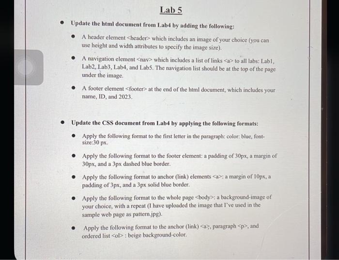Solved Update the htmI document from Lab4 by adding the | Chegg.com