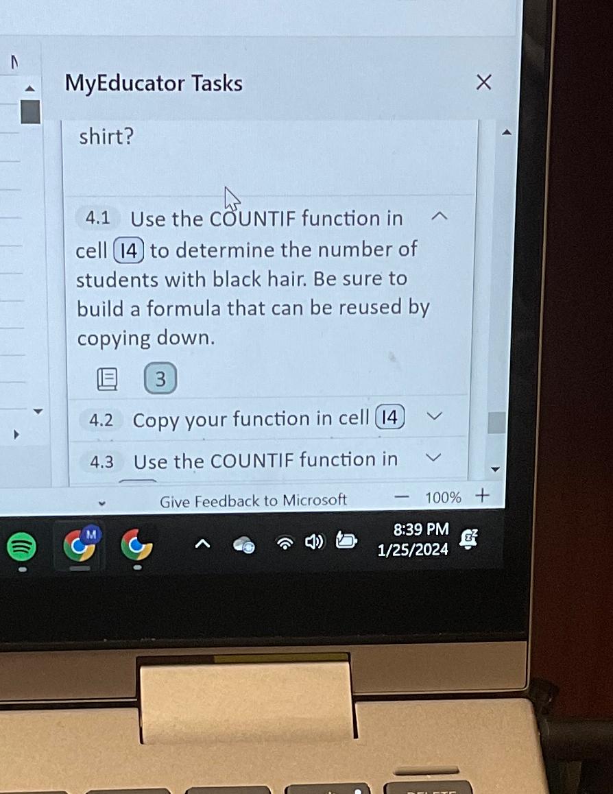 Solved MyEducator Tasksshirt?4.1 ﻿Use the COUNTIF function | Chegg.com