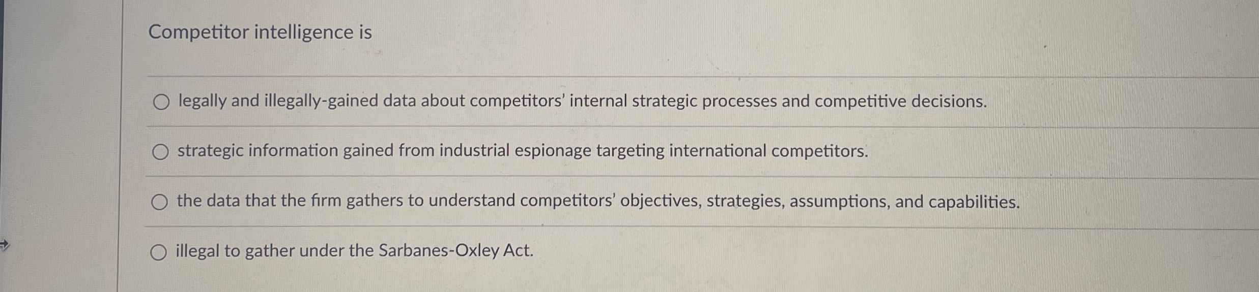 Solved Competitor intelligence islegally and | Chegg.com