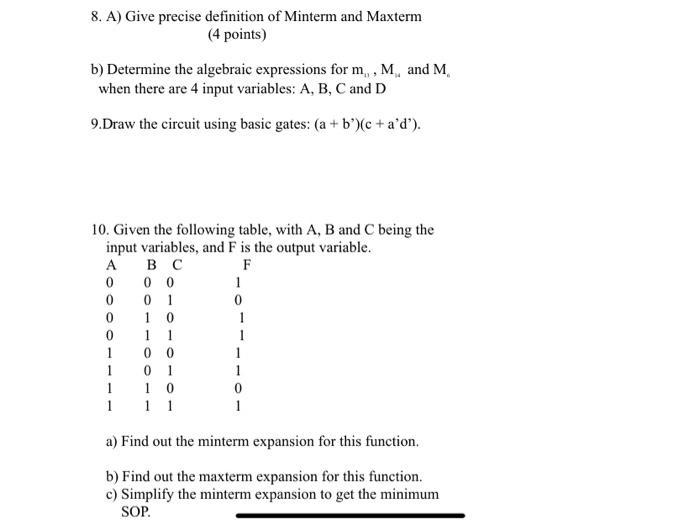 Solved 8. A) Give precise definition of Minterm and Maxterm | Chegg.com