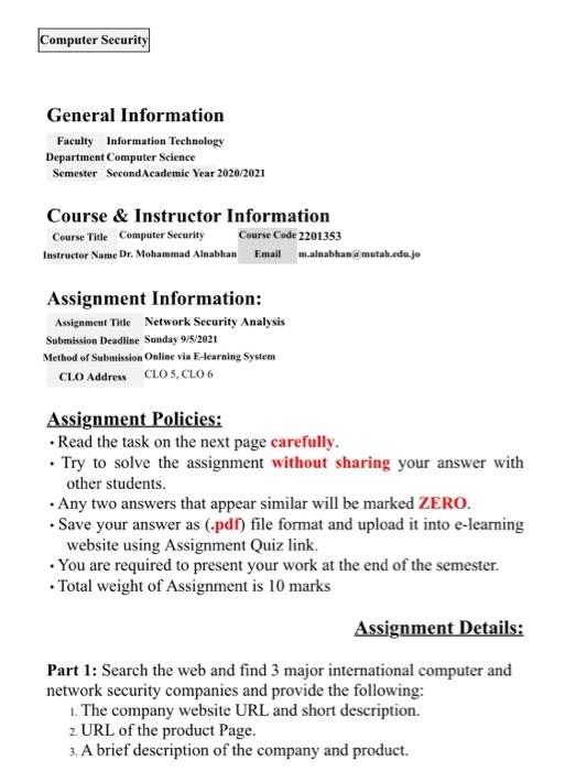Solved Computer Security General Information Faculty | Chegg.com